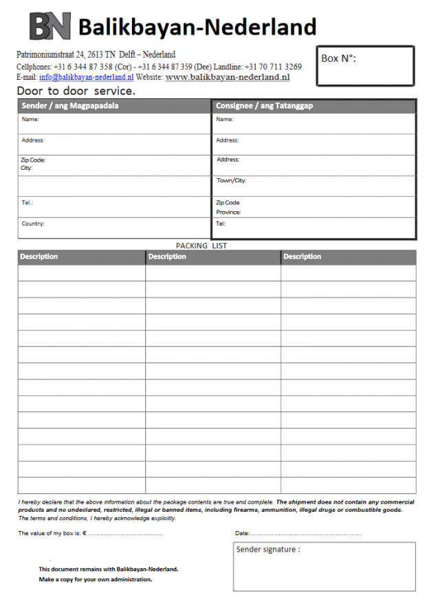 Packinglist – Balikbayan Box Nederland